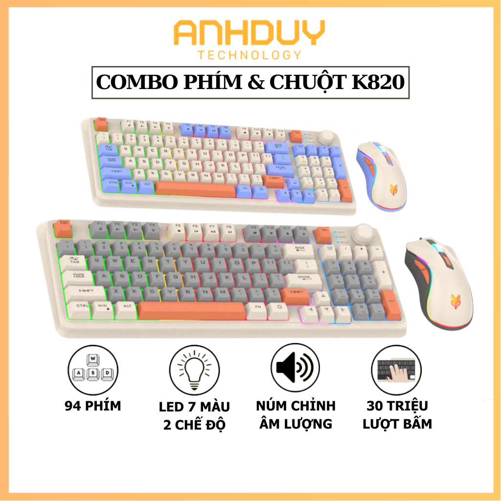 Combo bàn phím chuột có dây gaming XUNFOX K820 Led 7 màu phím giả cơ chuột 3600 DPI tiện lợi ...