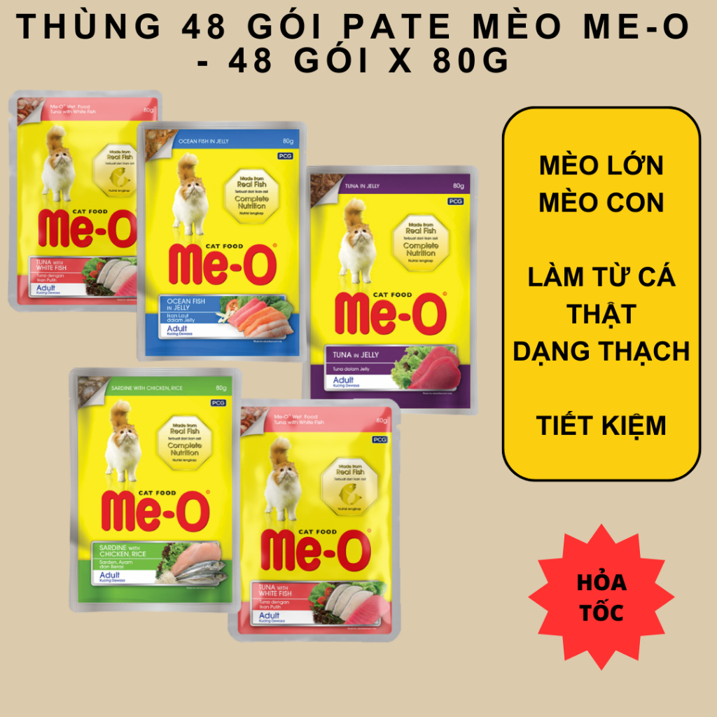[Thùng 48 gói] Pate mèo Me-O wet 80g đủ vị cho mèo con và mèo lớn(48 gói x 80g) | Shopee Việt Nam