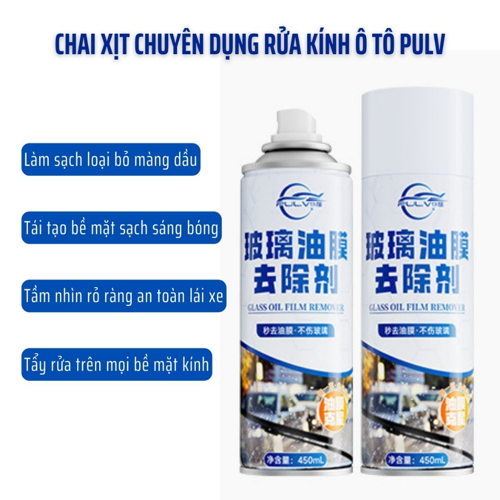 Chai xịt vệ sinh kính ô tô PULV, làm sạch màng dầu, bui bẩn, giúp kính ...