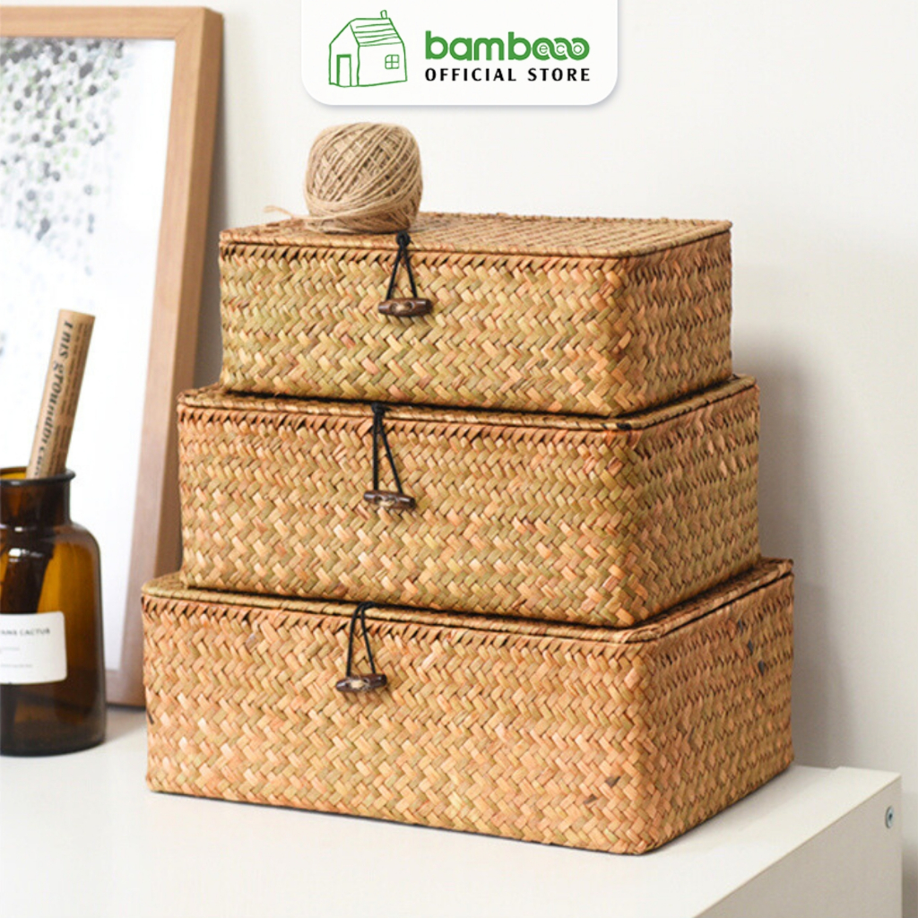 Giỏ cói đựng đồ có nắp BAMBOOO ECO hình chữ nhật đựng mỹ phẩm, đồ khô ...