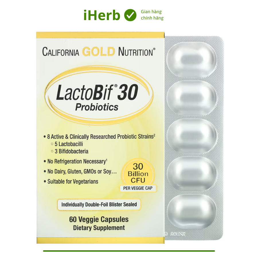 Lợi khuẩn LactoBif Probiotics 30 Billion CFU California Gold Nutrition (60 viên) - iHerb Việt ...