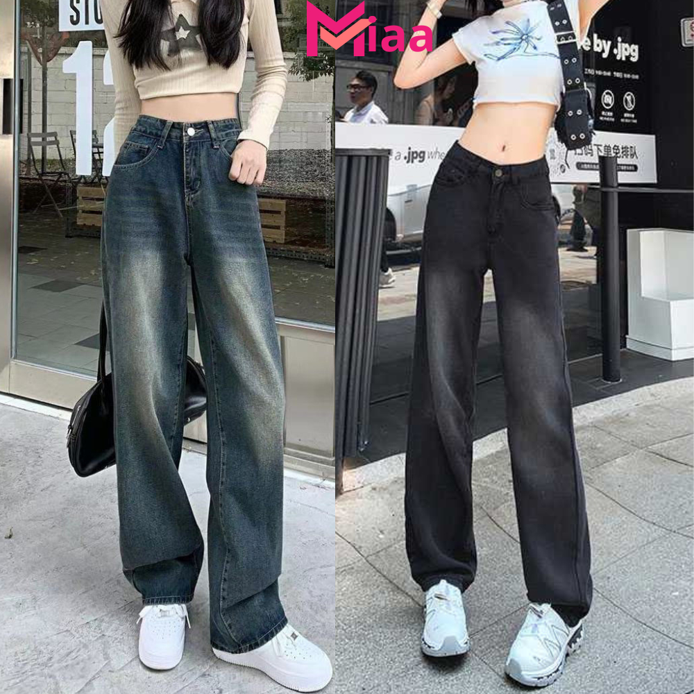 Quần jean ống suông rộng đứng nữ MIAA cạp cao ôm eo màu RETRO, quần bò ...