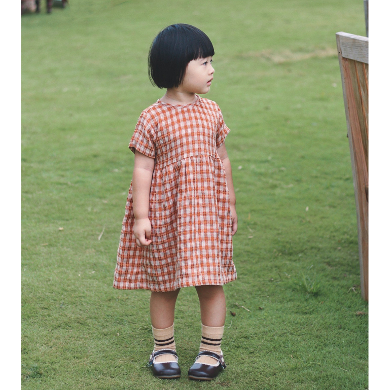 (Yi Closet) Đầm tay ngắn cổ tròn caro cam đất cho bé từ 9 - 25kg ...