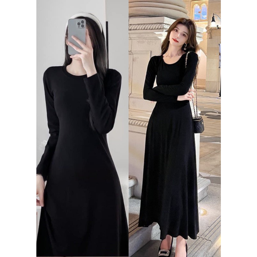 Váy maxi cổ tròn dài tay, váy dáng dài xoè thun zip hàn hack dáng Maia ...