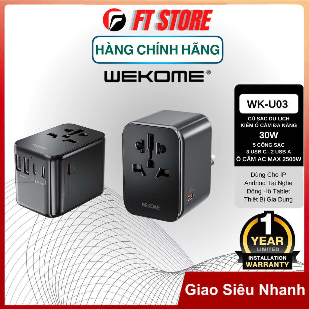 [GIAO HỎA TỐC] Sạc du lịch đa năng nhiều cổng WEKOME WK-U03 30W dùng được ở hơn 200 quốc gia hỗ ...
