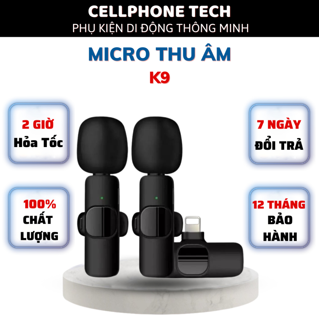 Micro thu âm không dây, micro cài áo 2 mic K9, mic thu âm, livestream ...