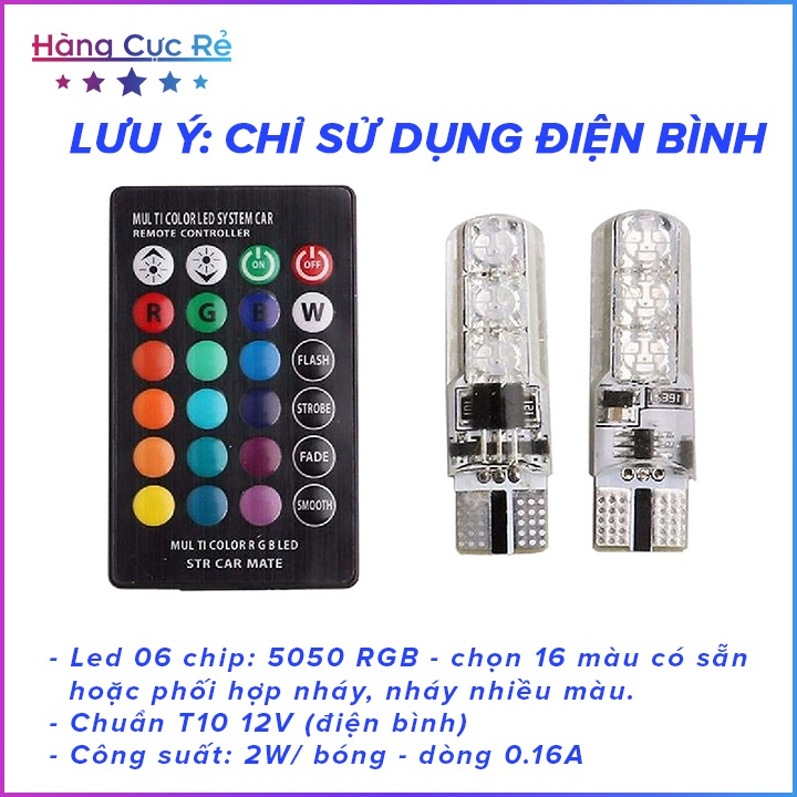 Bộ 2 đèn LED T10 demi điều khiển nhiều màu 6 SMD LED RGB T10 5050 siêu sáng bọc silicon cho ô tô ...