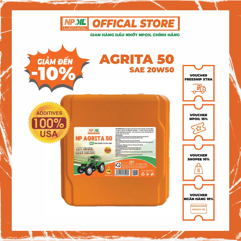 Dầu động cơ máy nông nghiệp NP AGRITA 15W40/20W50 CI4/ CF4 Can 10 lít ...