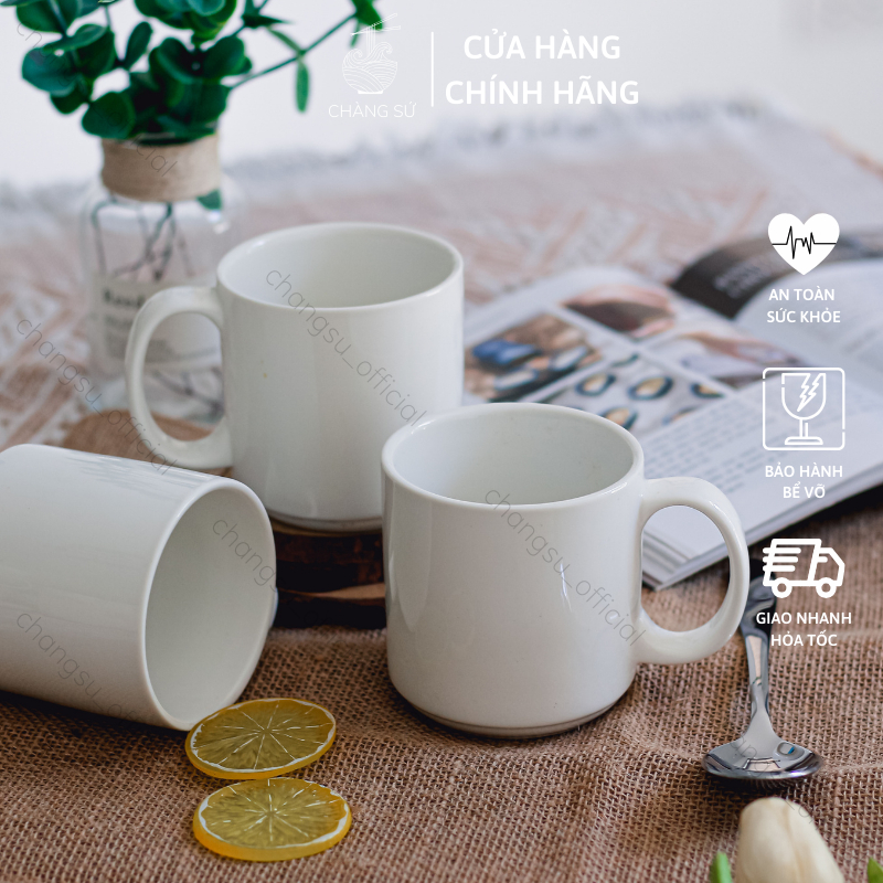 Cốc nước sứ trắng 320ml dáng trụ có quai sứ Minh Châu CN07 - Cốc uống ...