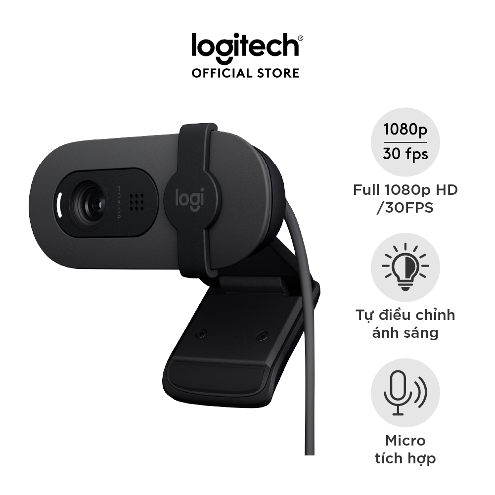 Webcam Full HD Logitech Brio 100 - Cân bằng ánh sáng, Mic, Màn chập, USB-A, Google Meet, Zoom ...