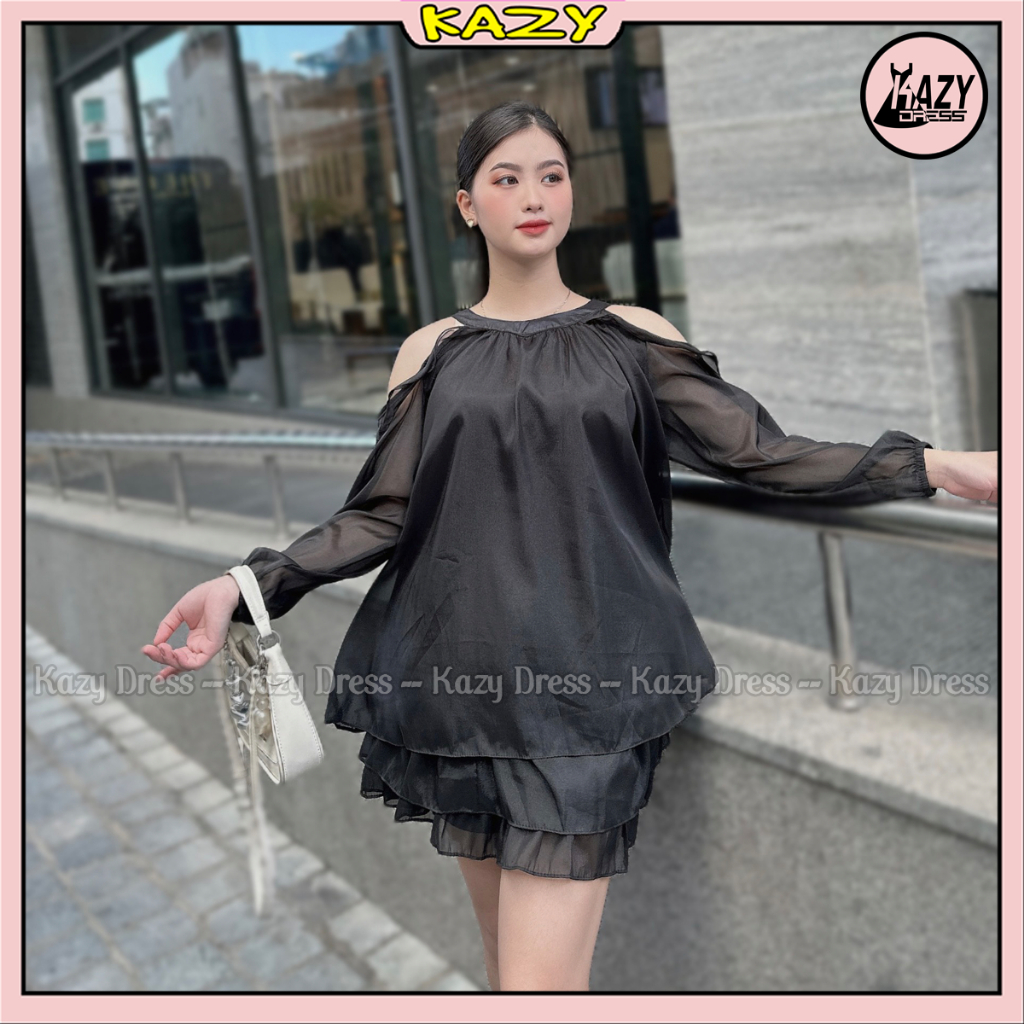 Set tơ bèo hở vai cổ yếm tiểu thư, áo hở vai dài tay kèm quần 3 lớp KAZY DRESS S005 | Shopee ...