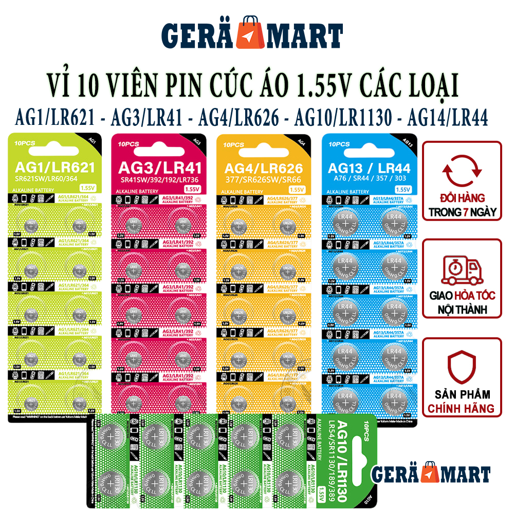 Pin cúc áo AG1/LR621 AG3/LR41 AG4/LR626 AG5/LR754 AG6/LR920 AG10/LR1130 ...