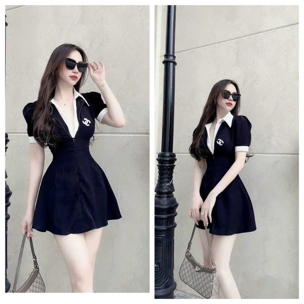 Đầm váy nữ polo cổ sơ mi tay ngắn kèm phụ kiện cài ngực thời trang nữ duyên dáng thanh lịch ...