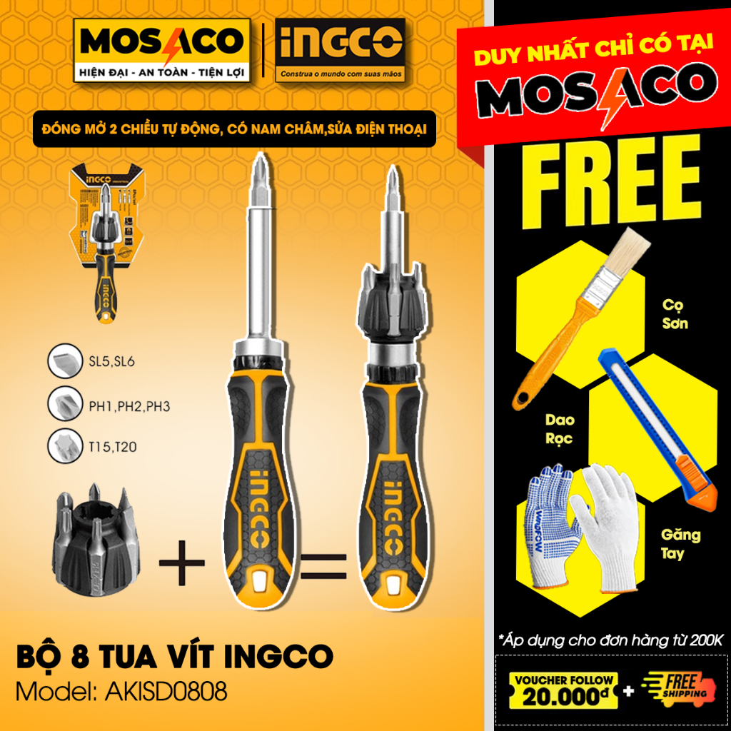 Bộ tua vít đa năng 8 chi tiết INGCO AKISD0808 đóng mở 2 chiều tự động ...