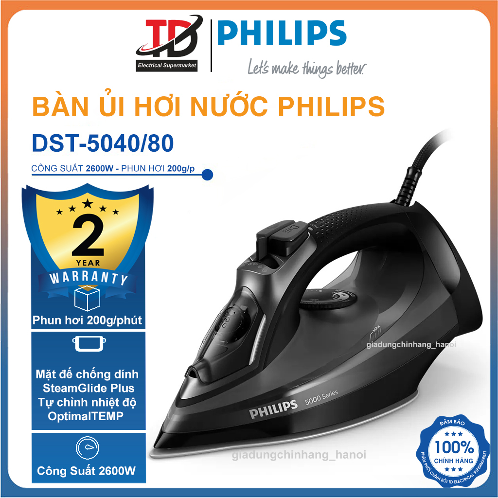 Bàn Ủi Hơi Nước Philips DST5040/80, Công suất 2600W - Hơi Tăng cường ...