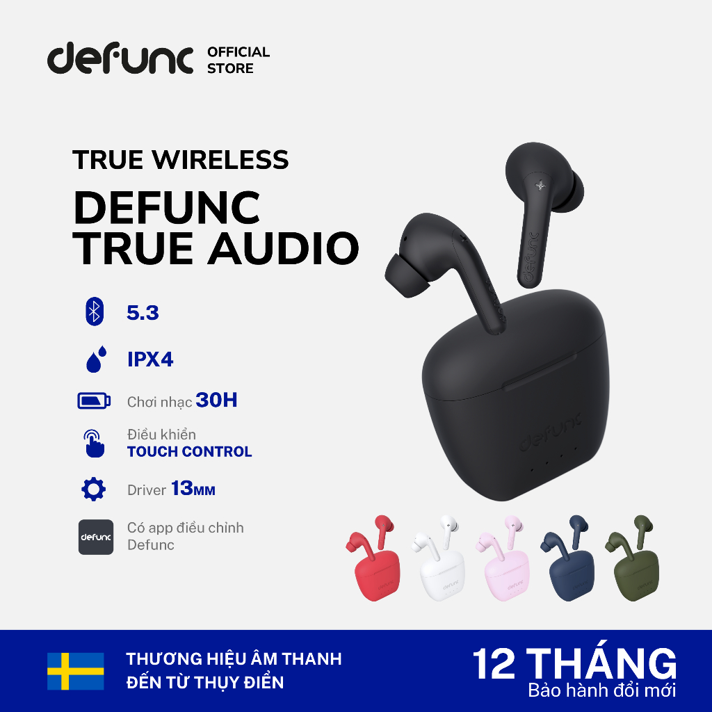Tai nghe không dây TWS Bluetooth 5.3 Defunc True Audio thời gian nghe 30H, chuẩn IPX4, có app ...