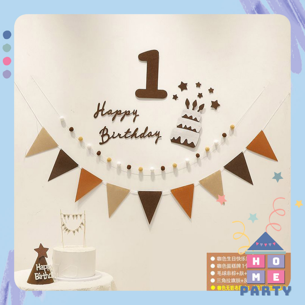 Bánh kem, số tuổi, dây chữ Happy Birthday tông màu nâu trang trí sinh ...