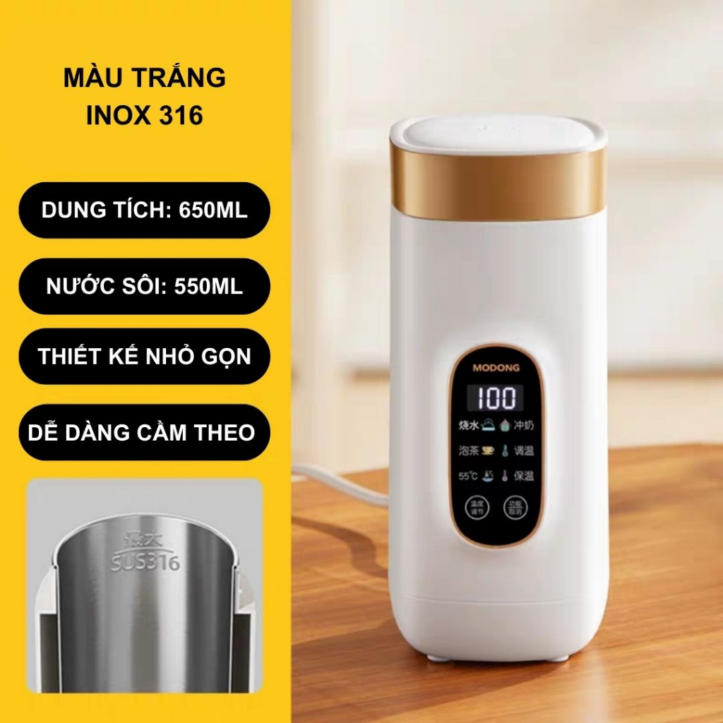 [CÓ SẴN] Máy đun nước/Bình đun nước, giữ nhiệt cầm tay Modong dung tích 650ml, lõi inox 316 ...