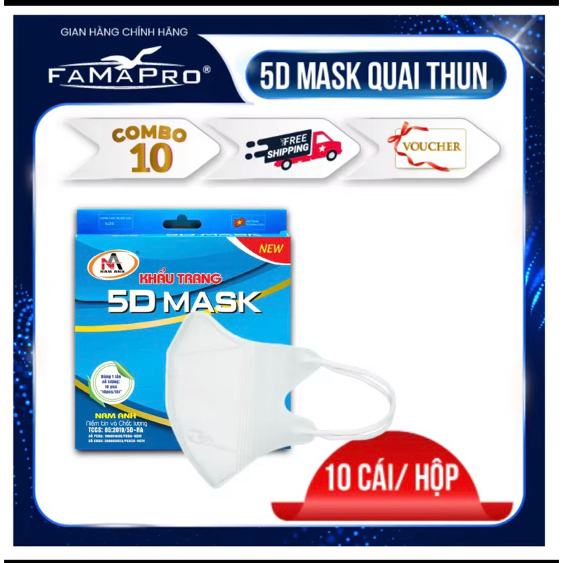 Combo 10 hộp (100cái) Khẩu Trang 5D Mask Famapro Hộp 10cái Cao Cấp ,Bảo vệ sức khoẻ (Hàng Cty ...