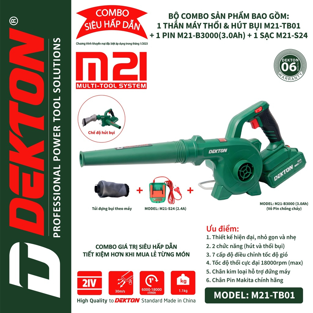 [Chính hãng] Máy Thổi Bụi Con Sò Dùng Pin Dekton 6 Cấp Số / M21-TB01 / Hệ Pin M21 / Chân Pin phổ ...