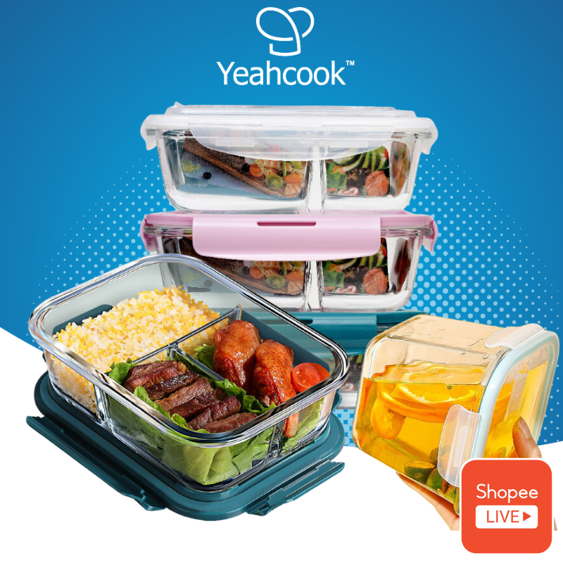 Hộp cơm thủy tinh chia ngăn cao cấp Yeahcook Glass Lunch Box 960ml | Shopee Việt Nam