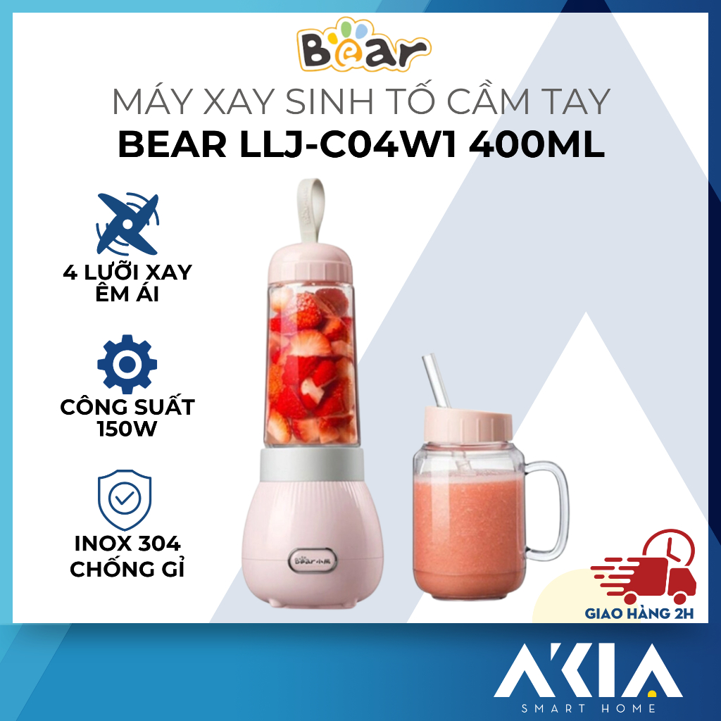 Máy xay sinh tố cầm tay Bear LLJ-C04W1 - Dung tích 400ml, lưỡi xay 4 cánh, 2 cốc đi kèm, công ...