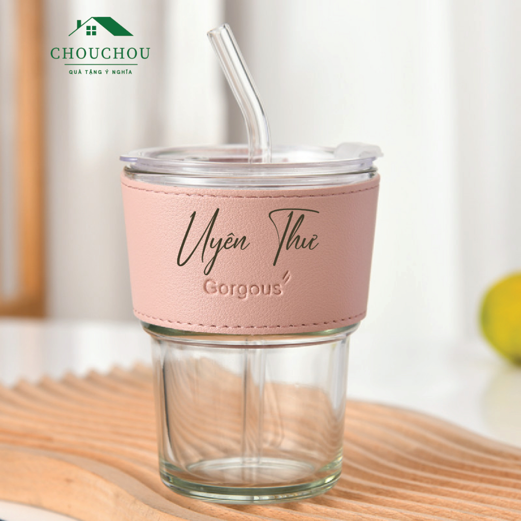 Cốc thủy tinh CHOUCHOU cao cấp 420 ml - có ống hút và bao da đi kèm 420 ml - Có 6 Màu | Shopee ...