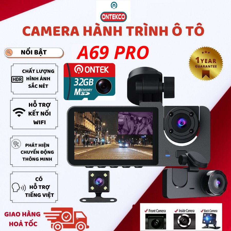 Camera hành trình ô tô ONTEK A69 3 ống kính quay đồng thời trước, trong và sau xe ghi hình DVR ...