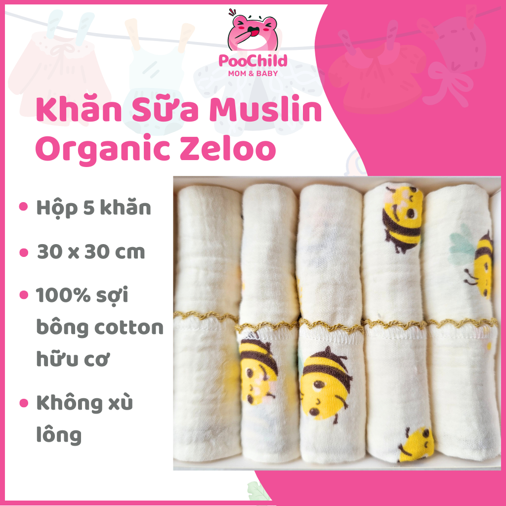 Khăn sữa Muslin Organic Zeloo hộp 5 khăn 30x30cm, khăn sữa cho bé 2 lớp ...