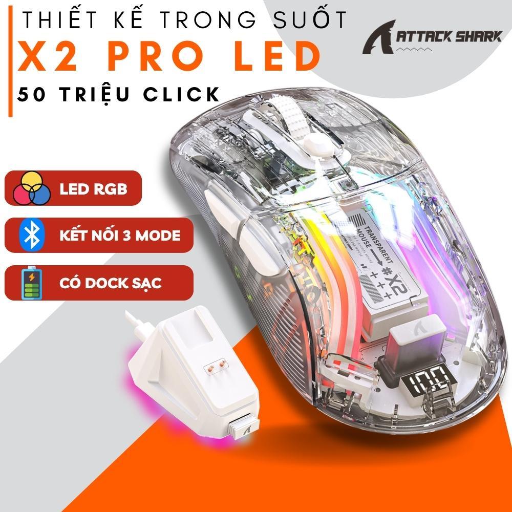 Chuột Không Dây Gaming Attack Shark X2 PRO Trong Suốt LED RGB, Pin Trâu ...