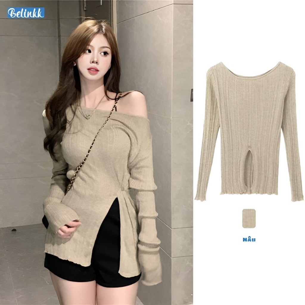 Áo len nữ tay dài trễ vai thiết kế xoắn eo ôm body tôn dáng, áo dệt kim phong cách hàng đầu ...