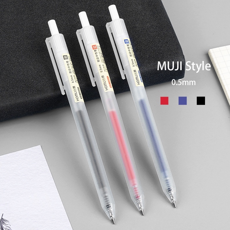 Bút Bi Mực Gel Muji style / Bút Baijin Thân Mờ Ngòi 0.5mm 3 Màu Xanh Đen Đỏ Viết Trơn Ra Đều Bấm ...