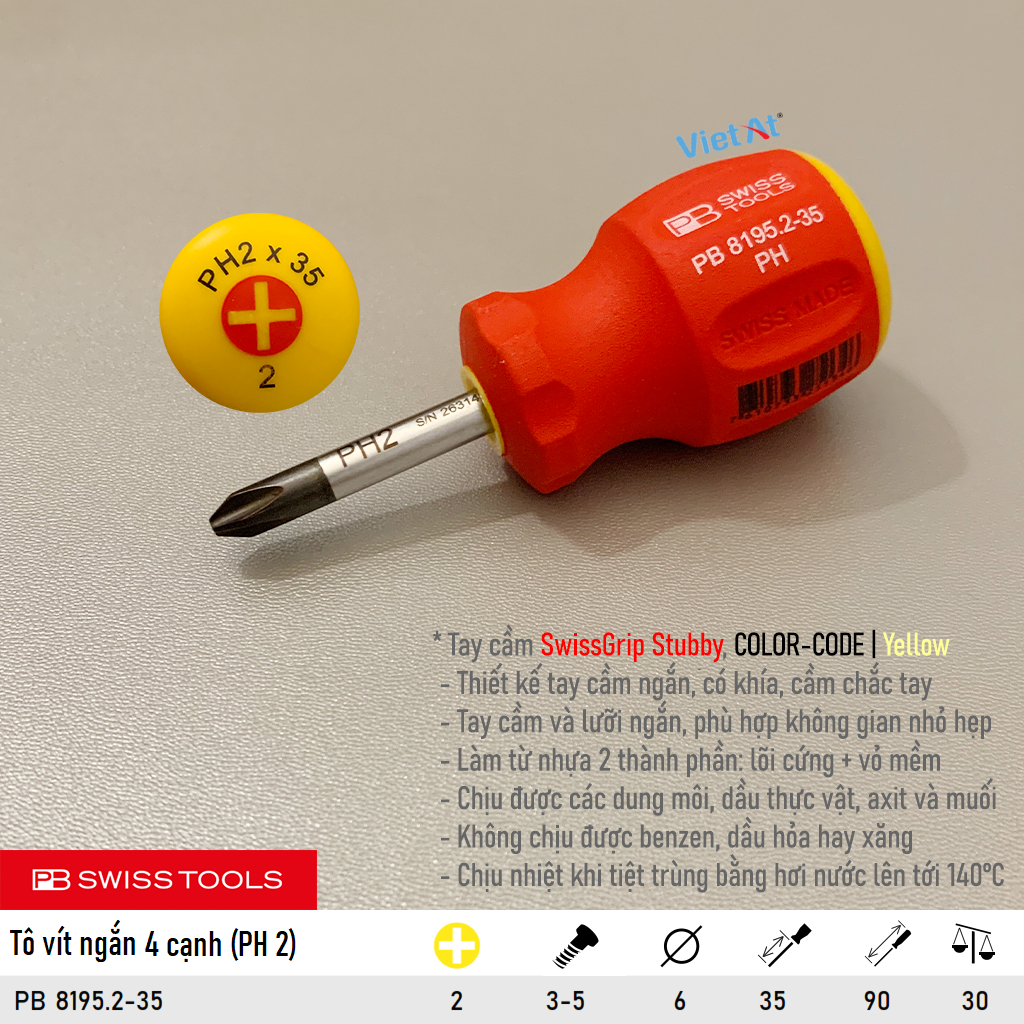 Tô vít ngắn 4 cạnh PB 8195.2-35 (PH 2) dài 75mm, tay cầm SwissGrip ...