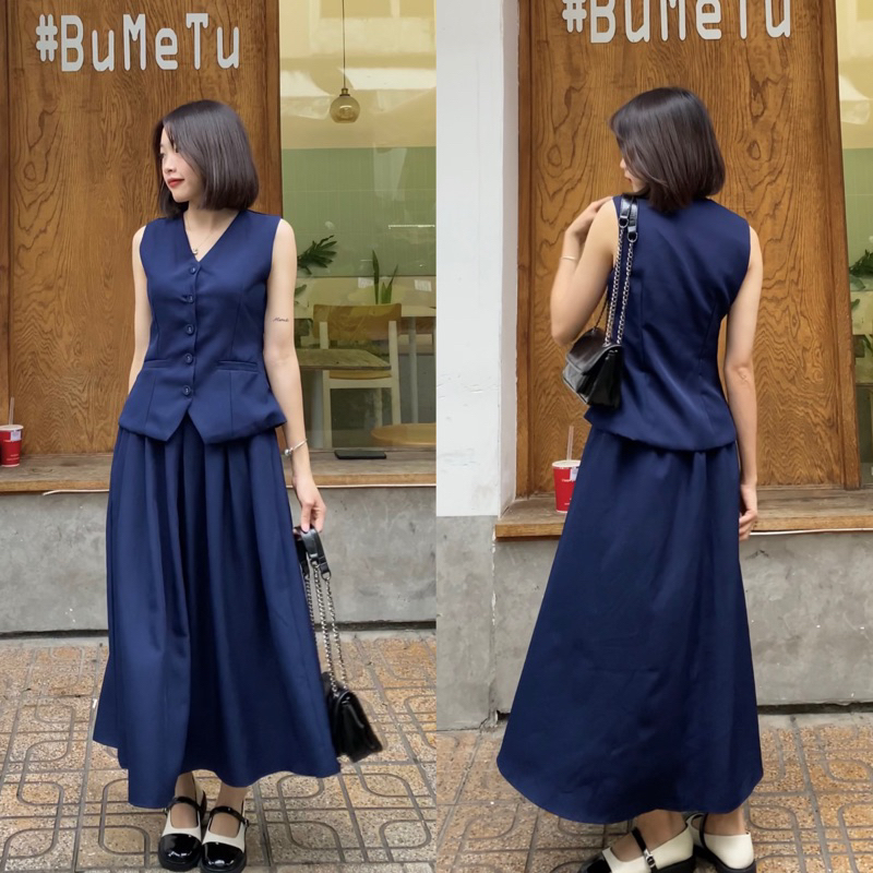 Set áo vest ghile gài nút + chân váy dài xoè | Shopee Việt Nam