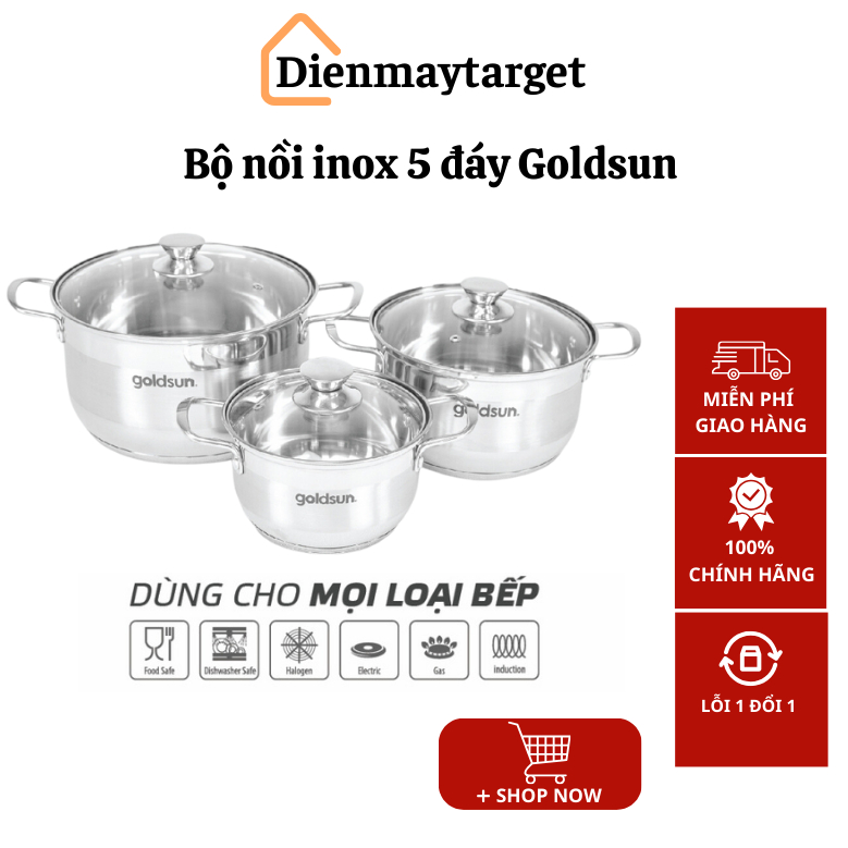 Bộ nồi inox 5 đáy GOLDSUN inox cao cấp 5 đáy tỏa nhiệt nhanh sử dụng ...