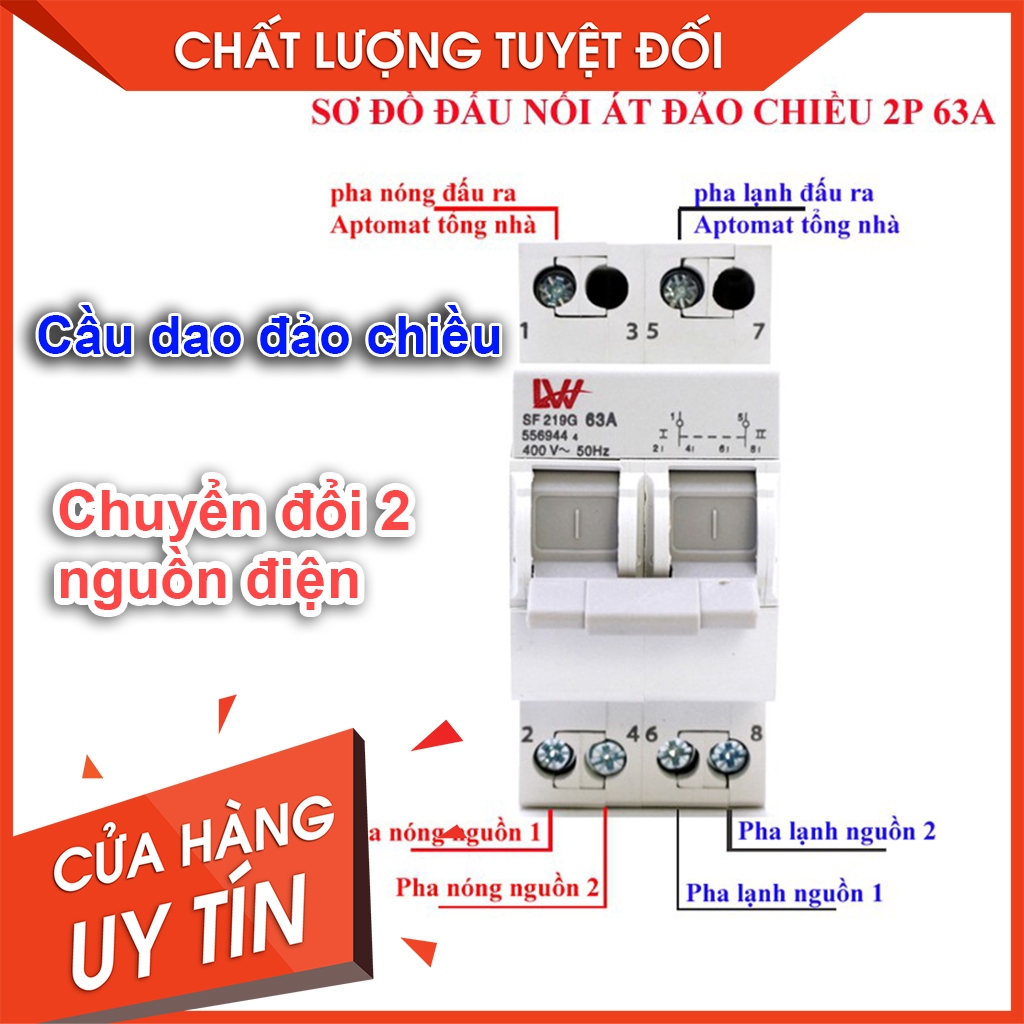 Cầu dao đảo chiều 2 nguồn điện 1 pha 2P chịu tải cao 63A Aptomat đảo chiều Aptomat chuyển đổi ...