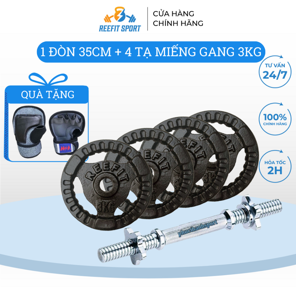 Bộ tạ tháo lắp miếng gang bánh gang 3 lỗ (1 đòn 35cm + 4 miếng 3kg ...