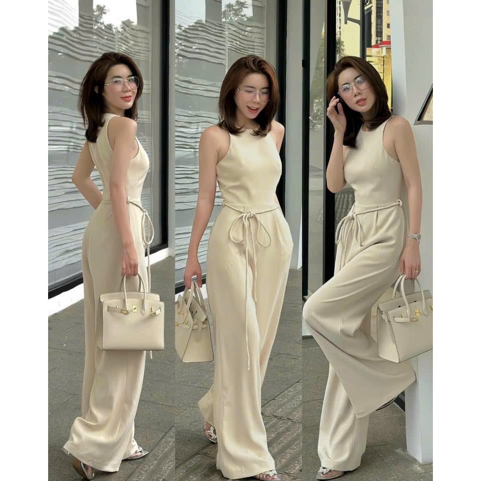 Jumsuits nữ mặc đi chơi thời trang chất cotton lạnh áo ba lổ kèm dây thắt eo mix quần dài ống ...