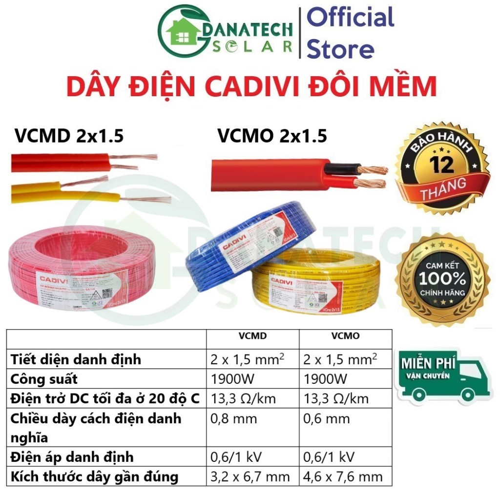 Dây điện CADIVI đôi mềm Vcmd Vcmo 2x0.5, 2x0.75, 2x1.0, 2x1.5, 2x2.5mm2, lõi đồng cao cấp ...