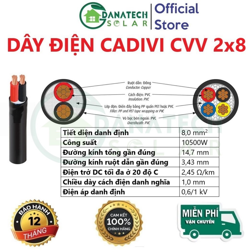 Dây điện ngoài trời cadivi 2 lõi CVV 2x4, 2x6, 2x8, 2x10mm2, ruột đồng tinh chất, Vỏ cách điện ...