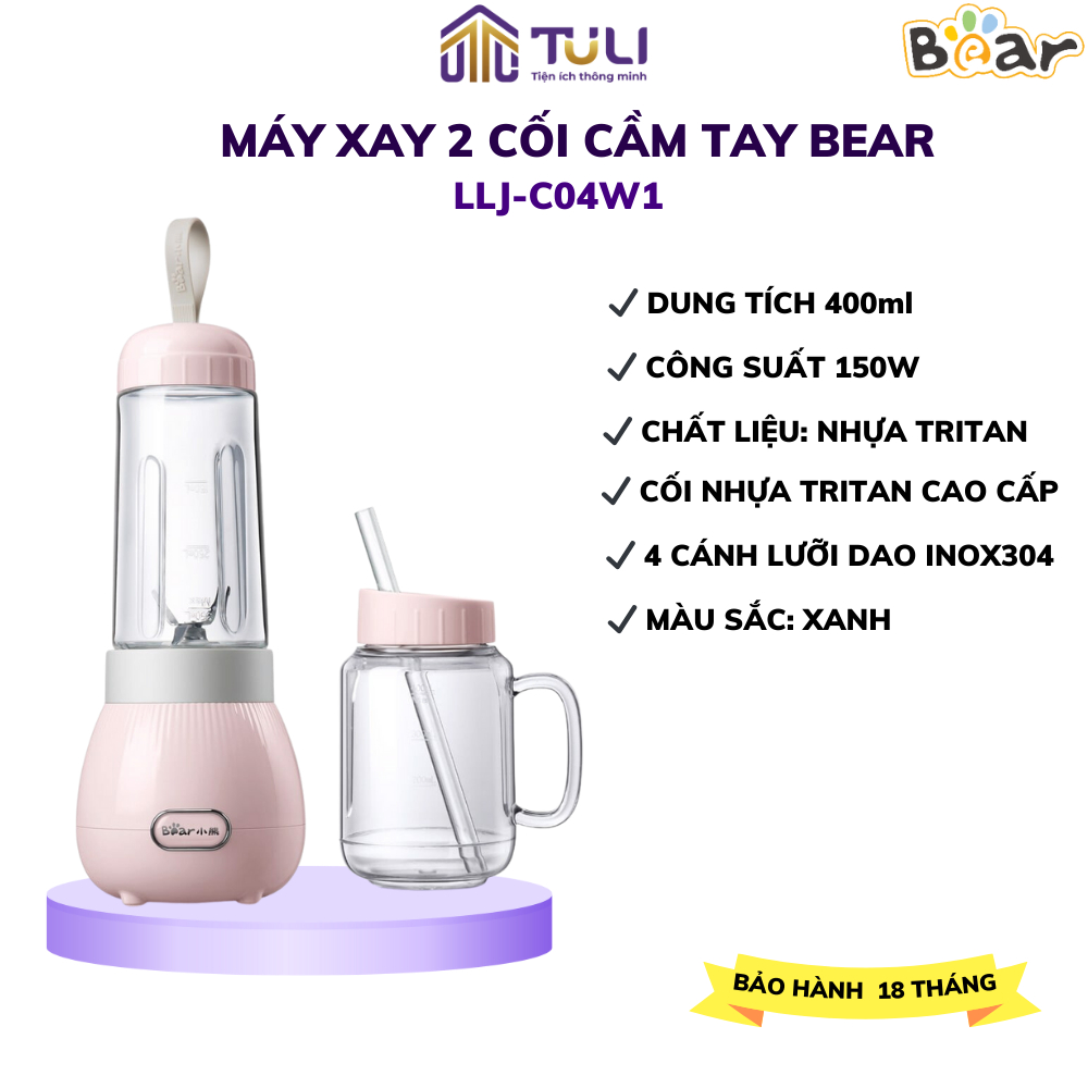 Máy xay sinh tố cầm tay Mini Bear LLJ-C04W1, 2 Cốc kèm nắp, Lưỡi dao xay đá viên nhỏ, BH 18 ...