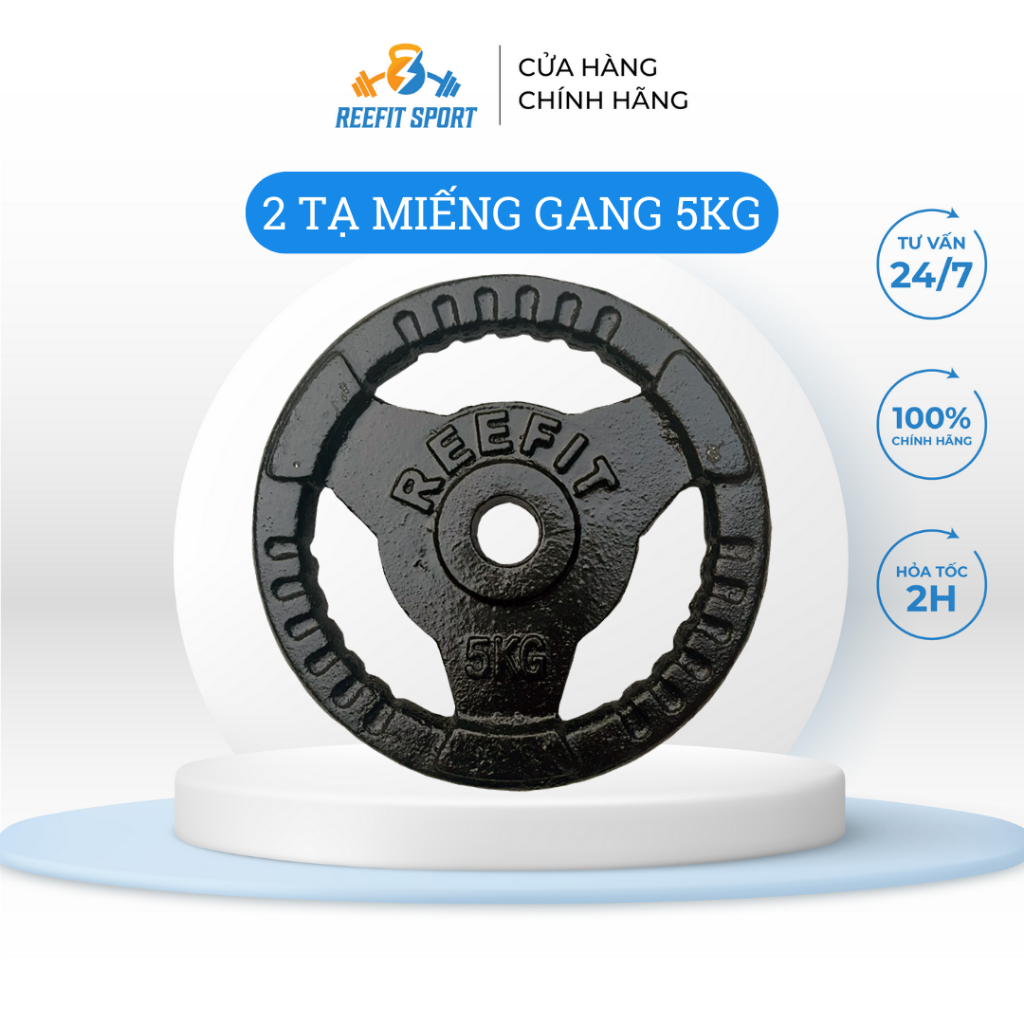 Bộ 2 tạ miếng gang tạ bánh gang 3 lỗ Reefit 5kg màu đen (gồm 2 miếng ...