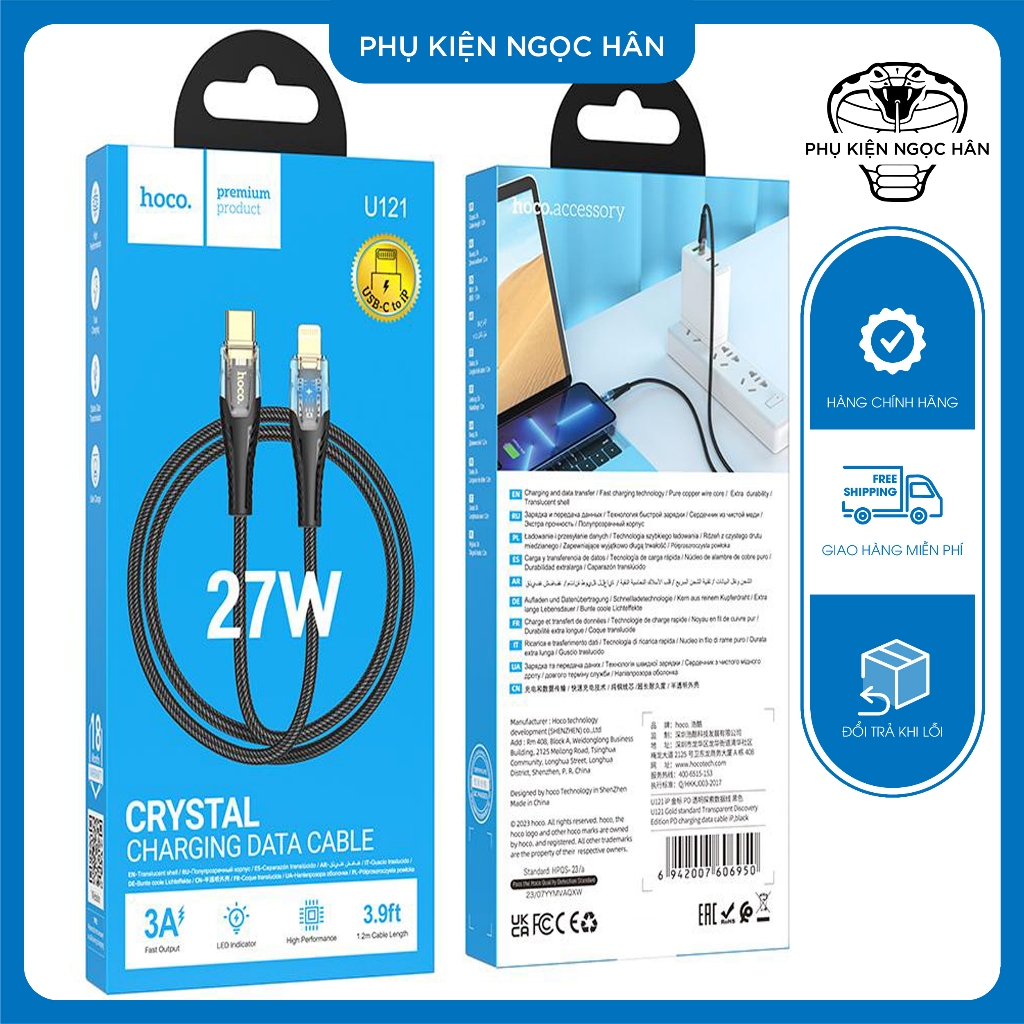 Dây sạc nhanh 27W Hoco cáp thiết kế trong suốt bọc dây dù siêu bền báo ...