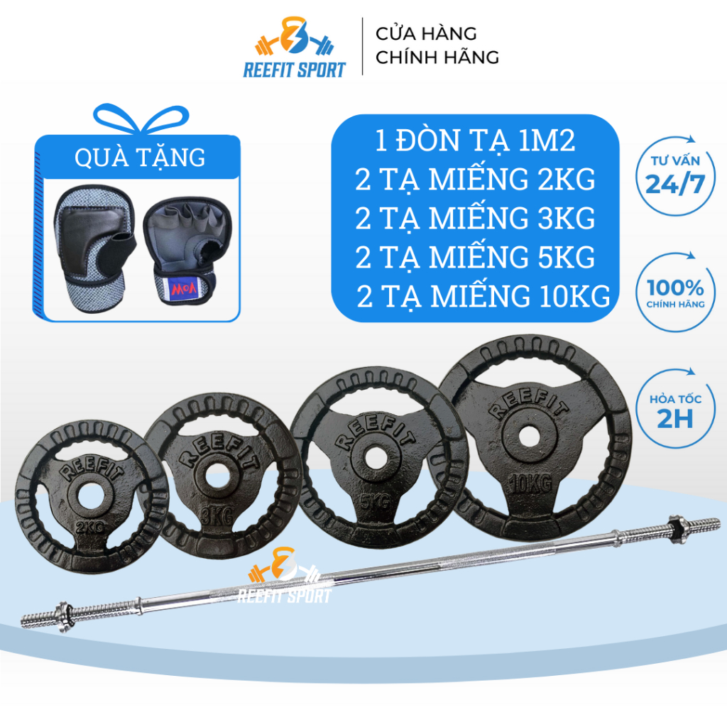 Bộ 2 tạ miếng gang bánh gang 3 lỗ 2kg, 3kg, 5kg,10kg + đòn tạ 1m2 tặng ...