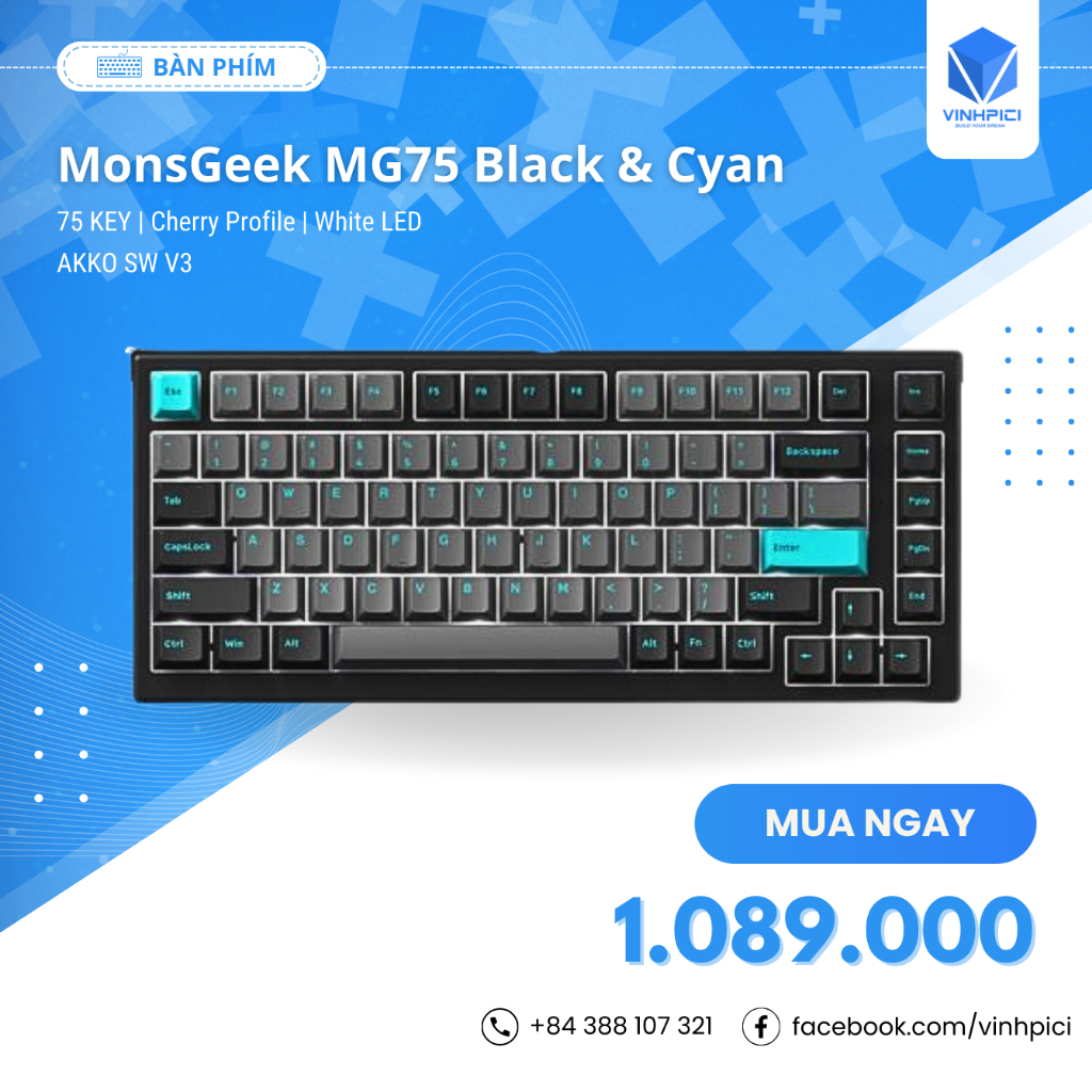 Bàn phím MonsGeek MG75 Black & Cyan (White LED / AKKO sw v3) [NEW ...