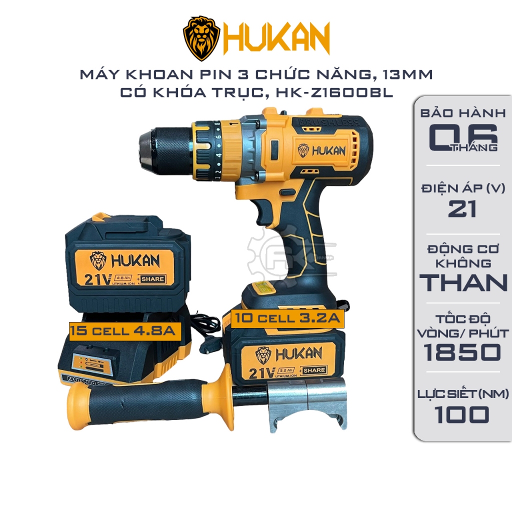 Máy khoan pin HUKAN Z1600BL, Động cơ Không chổi than, Lực siết 100Nm ...