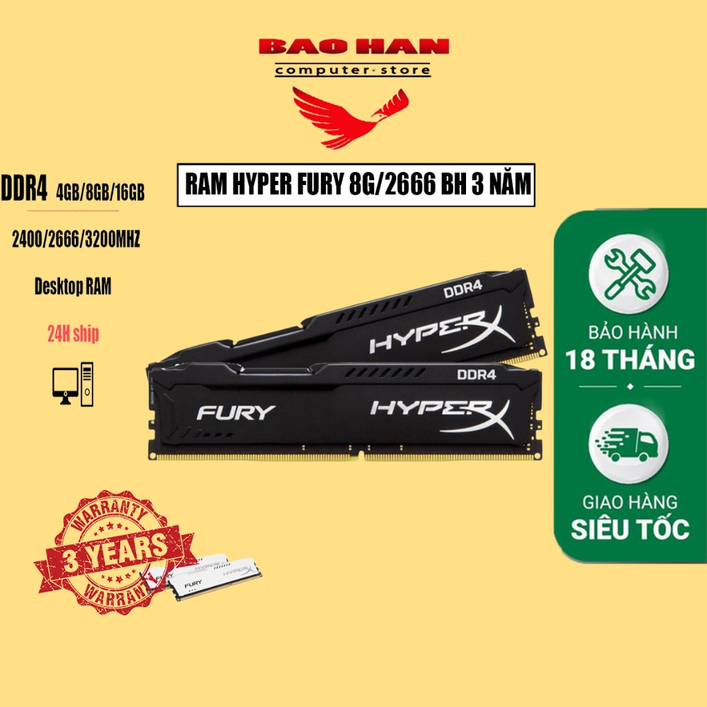 Ram PC Kingston HyperX Fury Black 8GB Bus 2400 DDR4 new bảo hành 36 ...