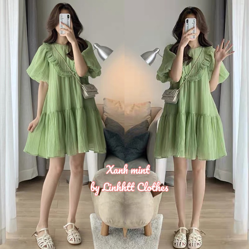 ĐŨI MÁT | Váy babydoll tay phồng phối bèo đuôi cá dáng ngắn đầm 2 lớp freesize đũi mát | Shopee ...