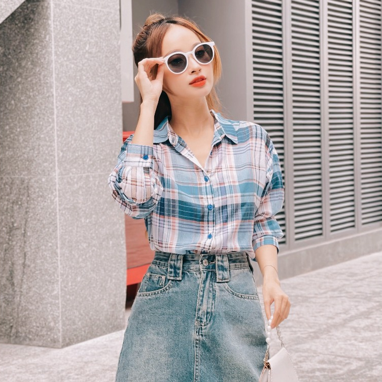 Áo sơmi basic nữ caro tay dài, vải thô boi Hàn- Hee | Shopee Việt Nam