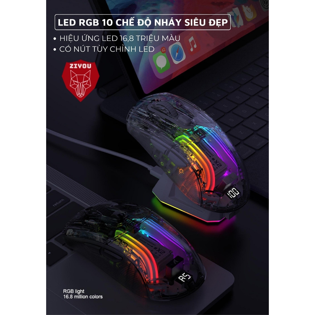 Chuột Máy Tính Không Dây Bluetooth Ziyou X2 PRO VIP Mouse LED RGB , Pin sạc cho Máy tính, Laptop ...